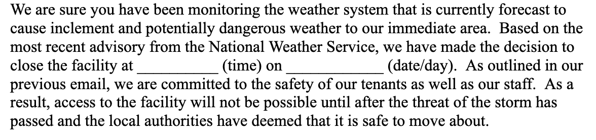 Self Storage Template: Disaster Closing Notice